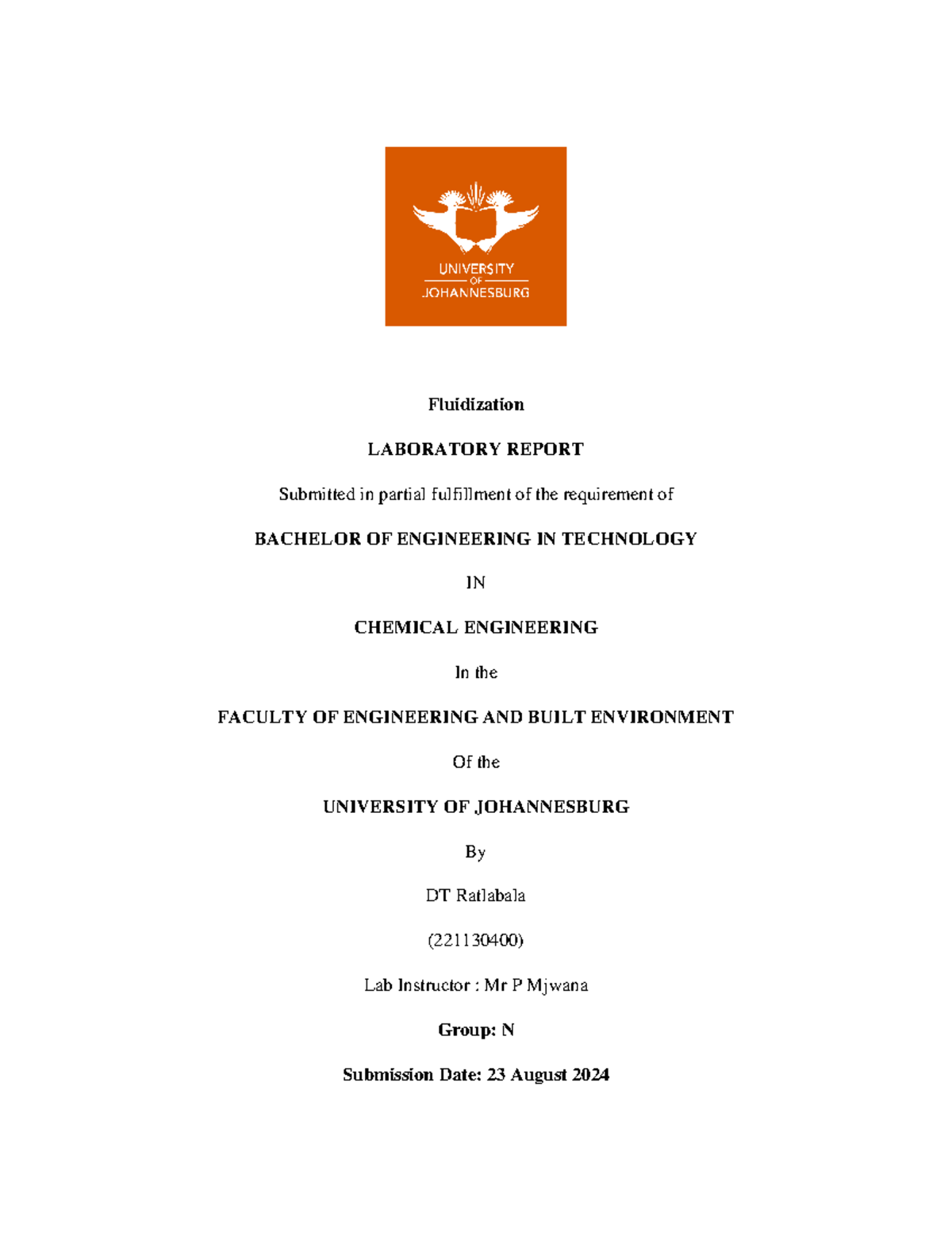 DT Ratlabala (221130400) Fluidization lab report. V5 - Fluidization ...