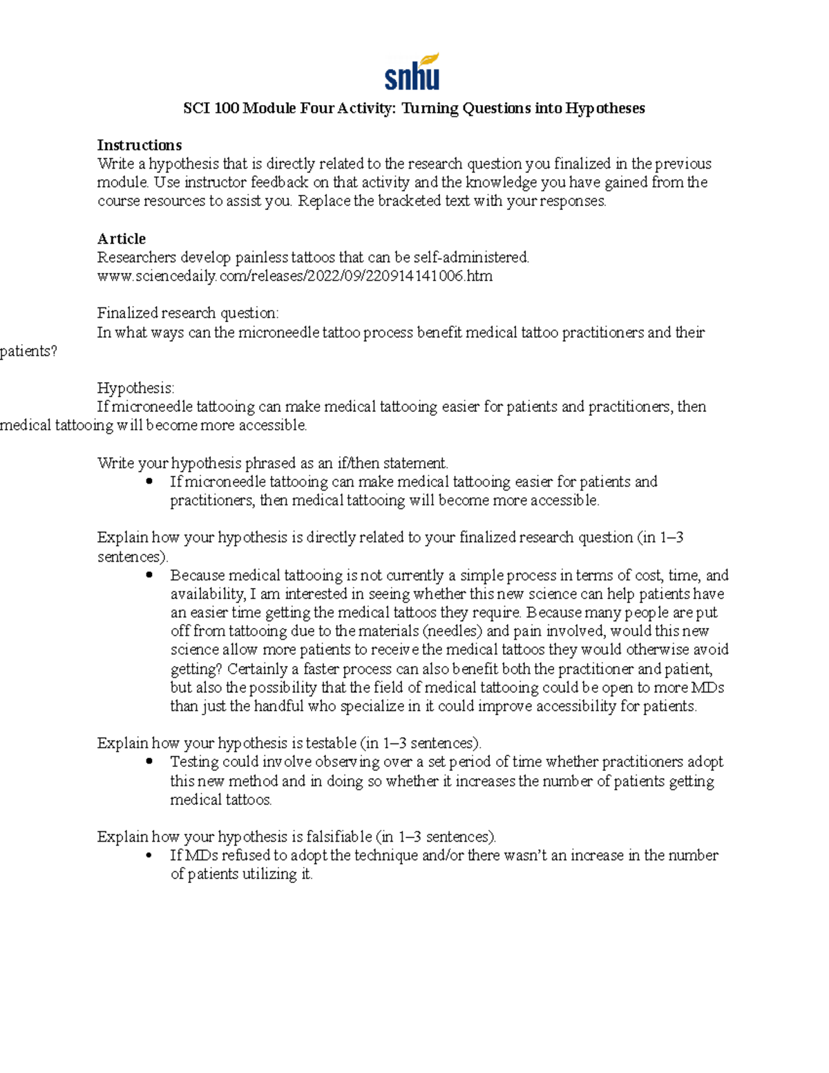 SCI 100 Module Four Activity - Use instructor feedback on that activity ...