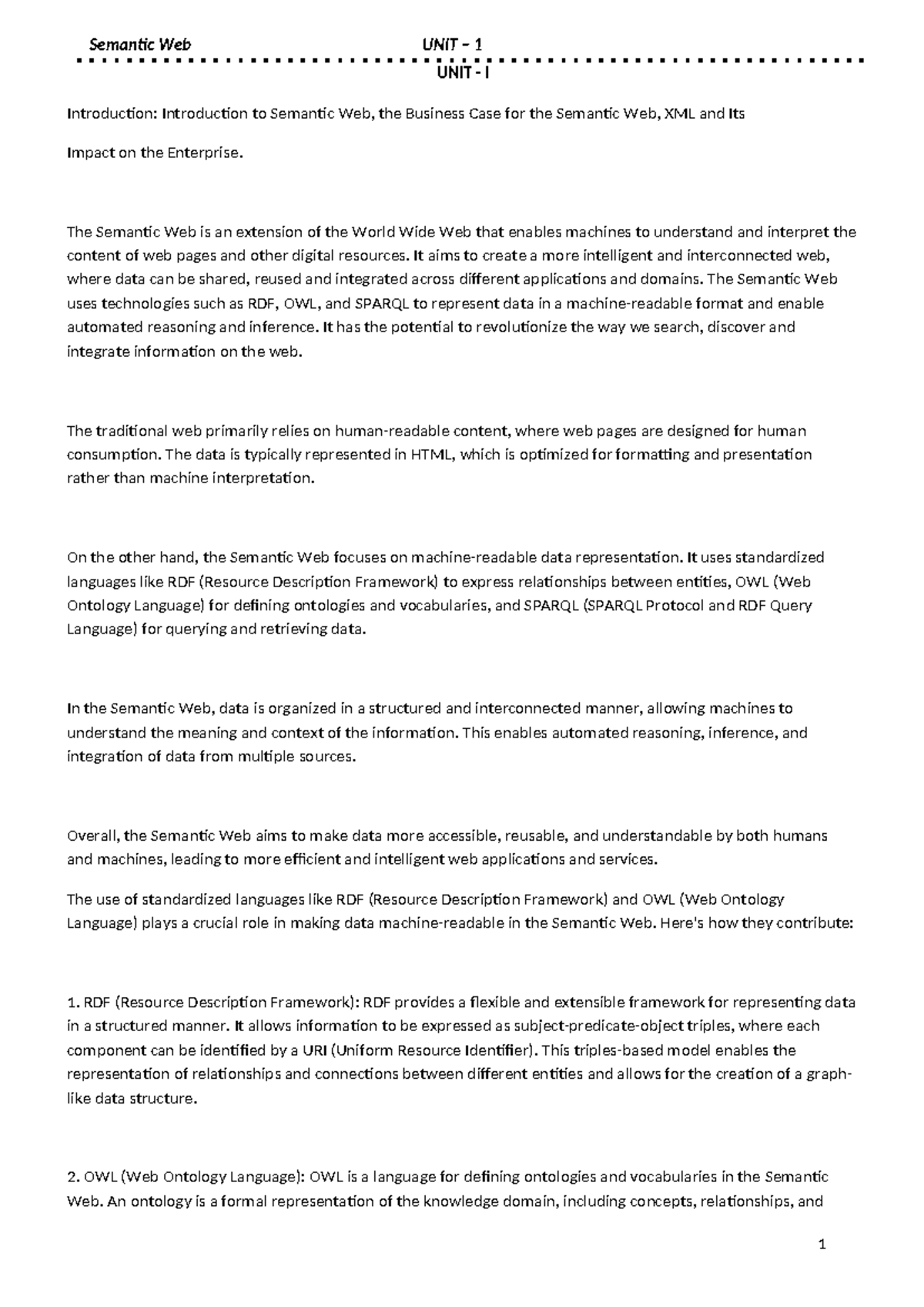 SW UNIT 1 - semantic web - UNIT - I Introduction: Introduction to Semantic Web, the Business ...