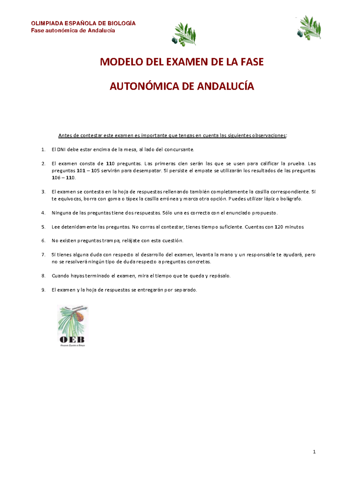 Modelo DE Examen CON Respuestas 1 - OLIMPIADA ESPAÑOLA DE BIOLOGÍA Fase ...