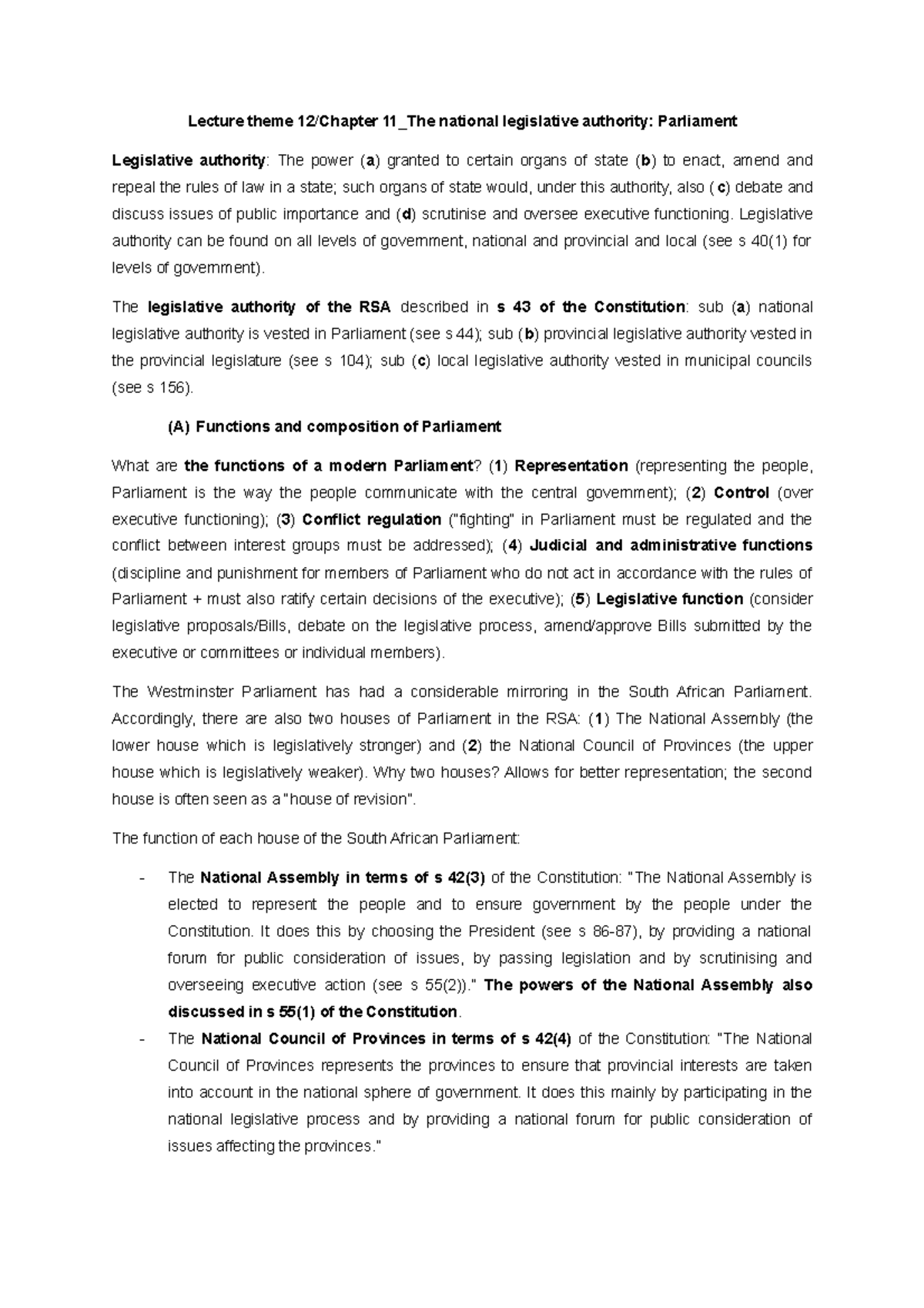 Lecture theme 12 National legislative authority - Lecture theme 11_The ...