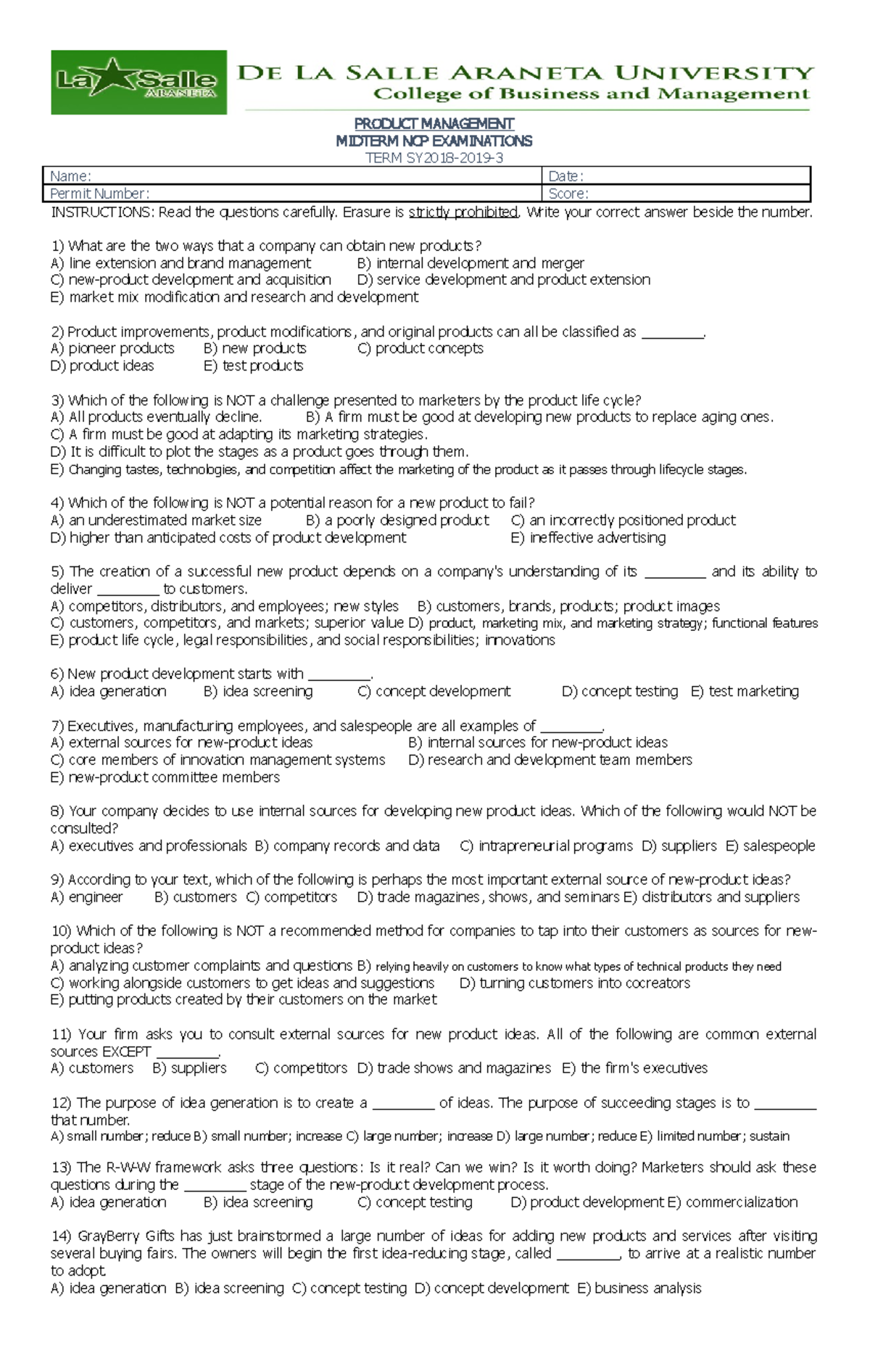 Prod sample test - exam - PRODUCT MANAGEMENT MIDTERM NCP EXAMINATIONS ...
