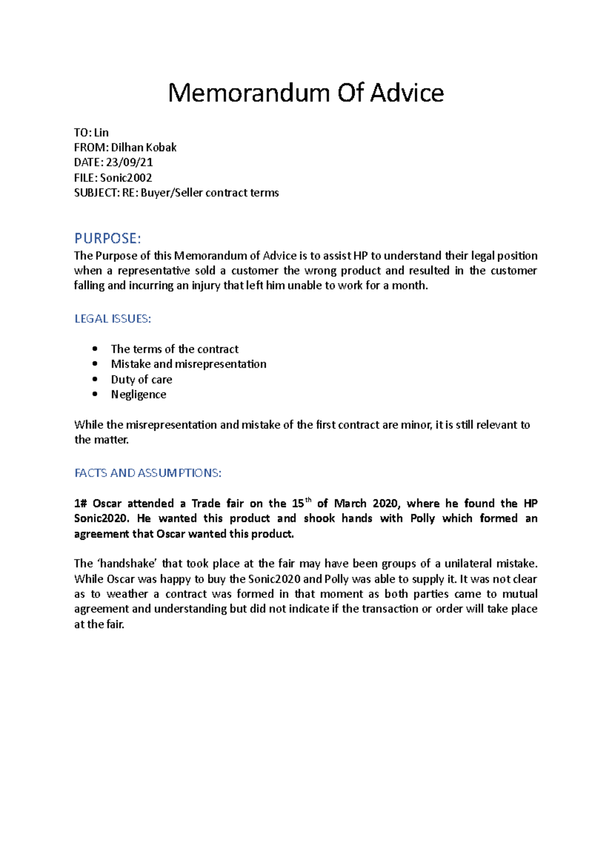 Memorandum Of Advice - LEGAL ISSUES: The terms of the contract Mistake ...