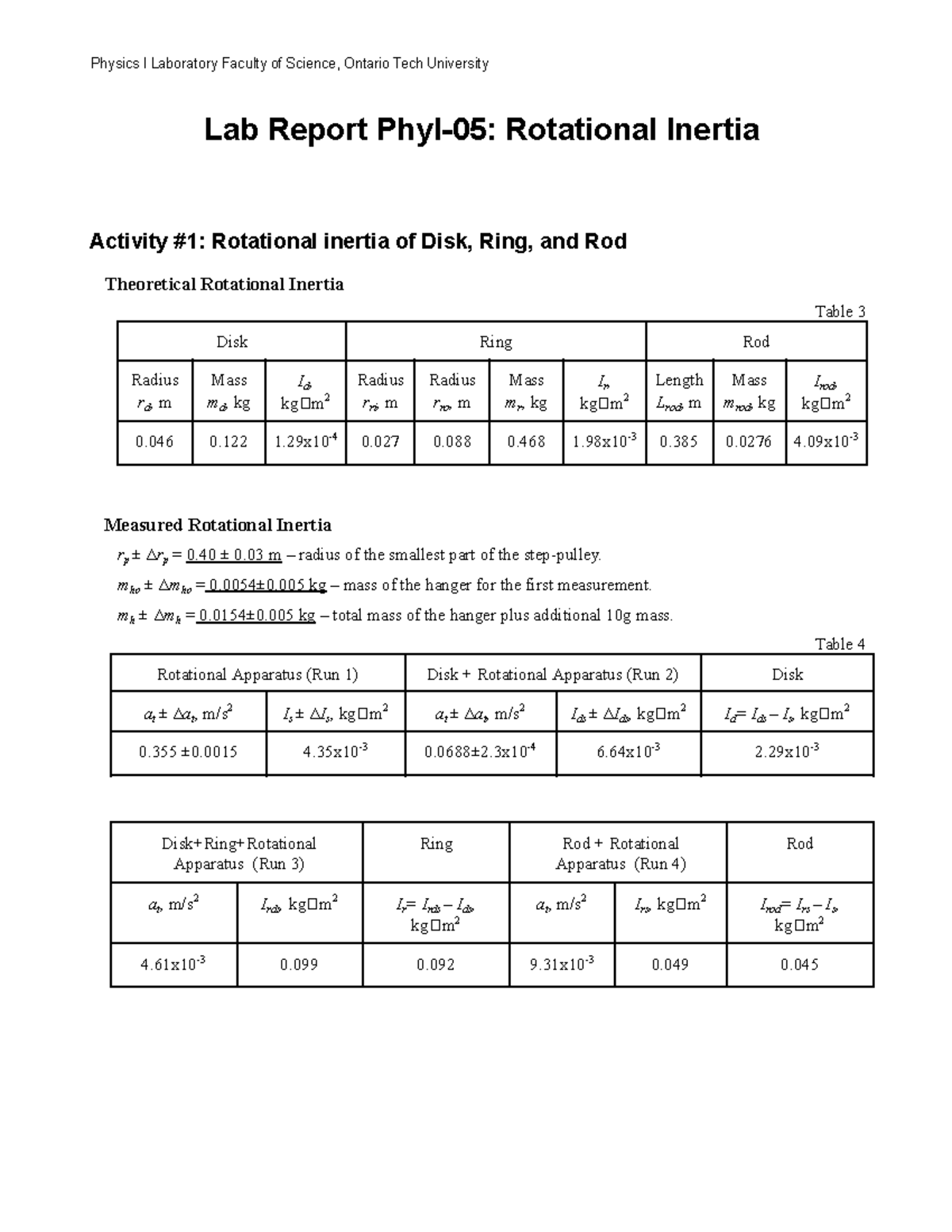 Rotational Inertia Report - Physics I Laboratory Faculty of Science ...