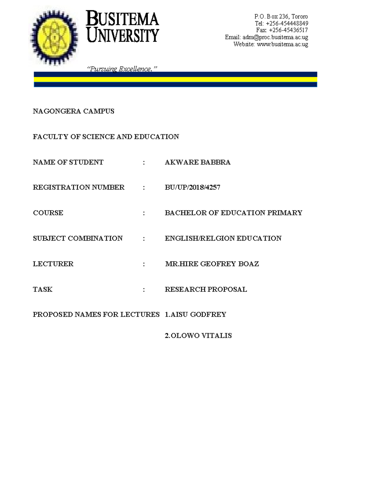 Chapter ONE - proposal report - P. Box 236, Tororo Tel: +256- Fax: +256- Email: adm@proc ...