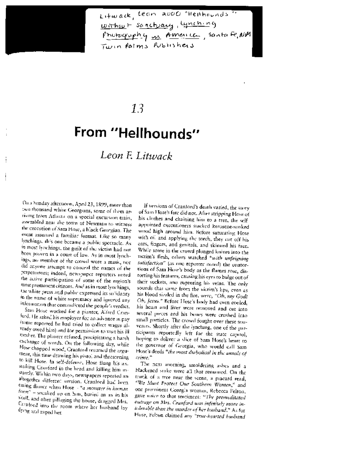 Litwack Lynching photography 2000 - ANT 358 - Studocu