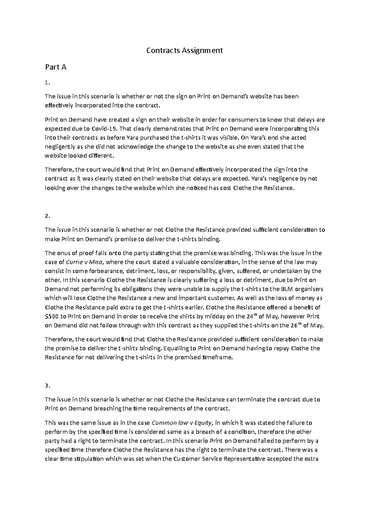 Contracts final assignment - Contracts Assignment Part A 1. The issue ...