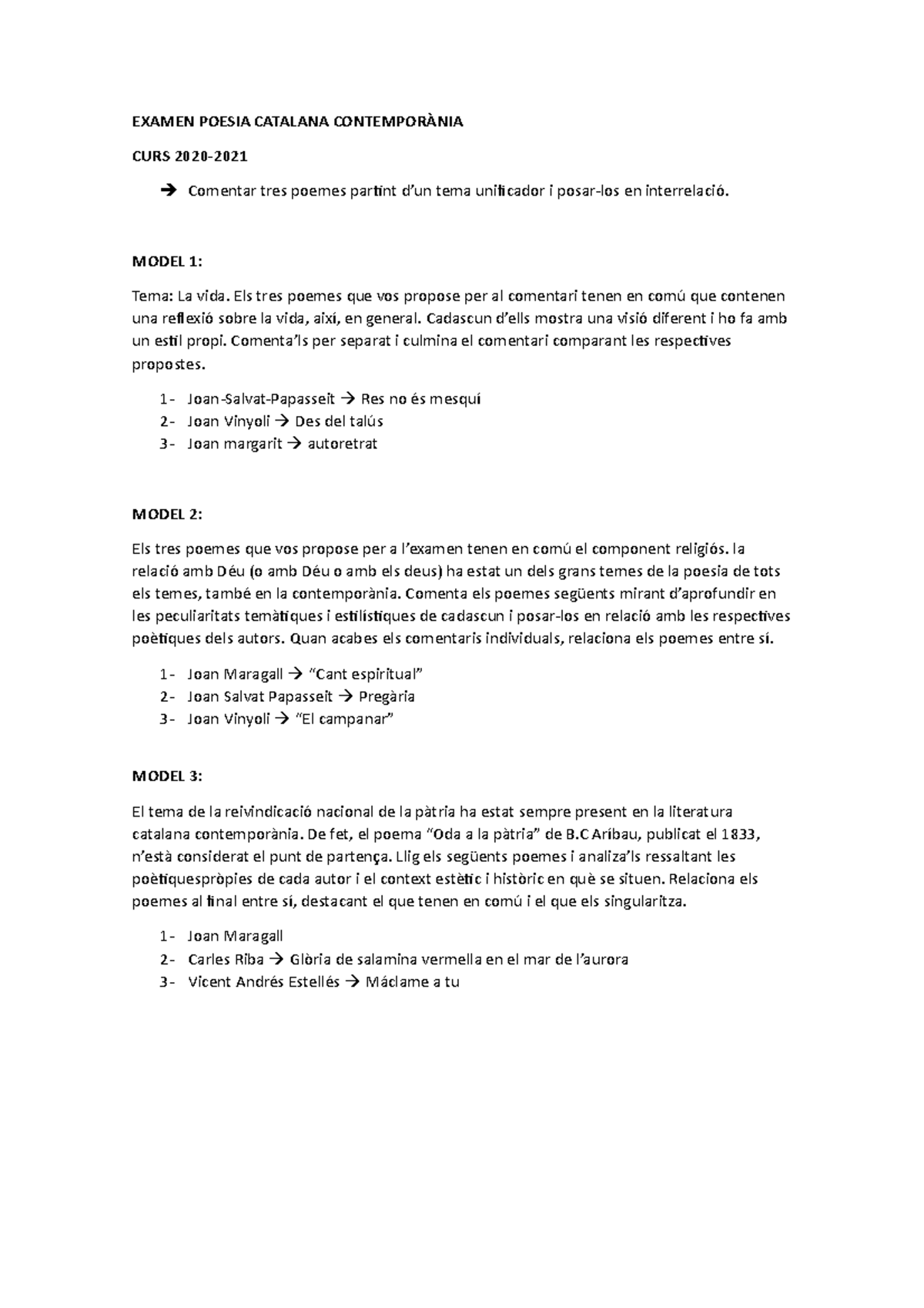 Examen poesia - EXAMEN POESIA CATALANA CONTEMPORÀNIA CURS 2020 ...