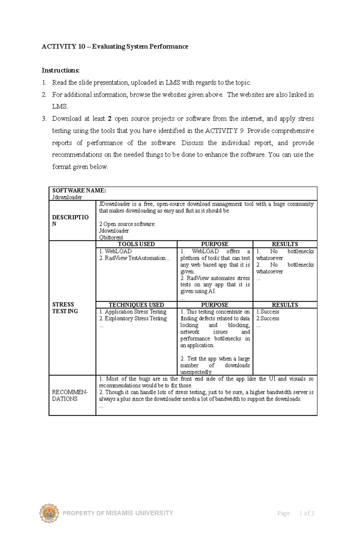 Module 2-2 Activity 10 - dasds - ACTIVITY 10 – Evaluating System Performance Instructions: 1 ...