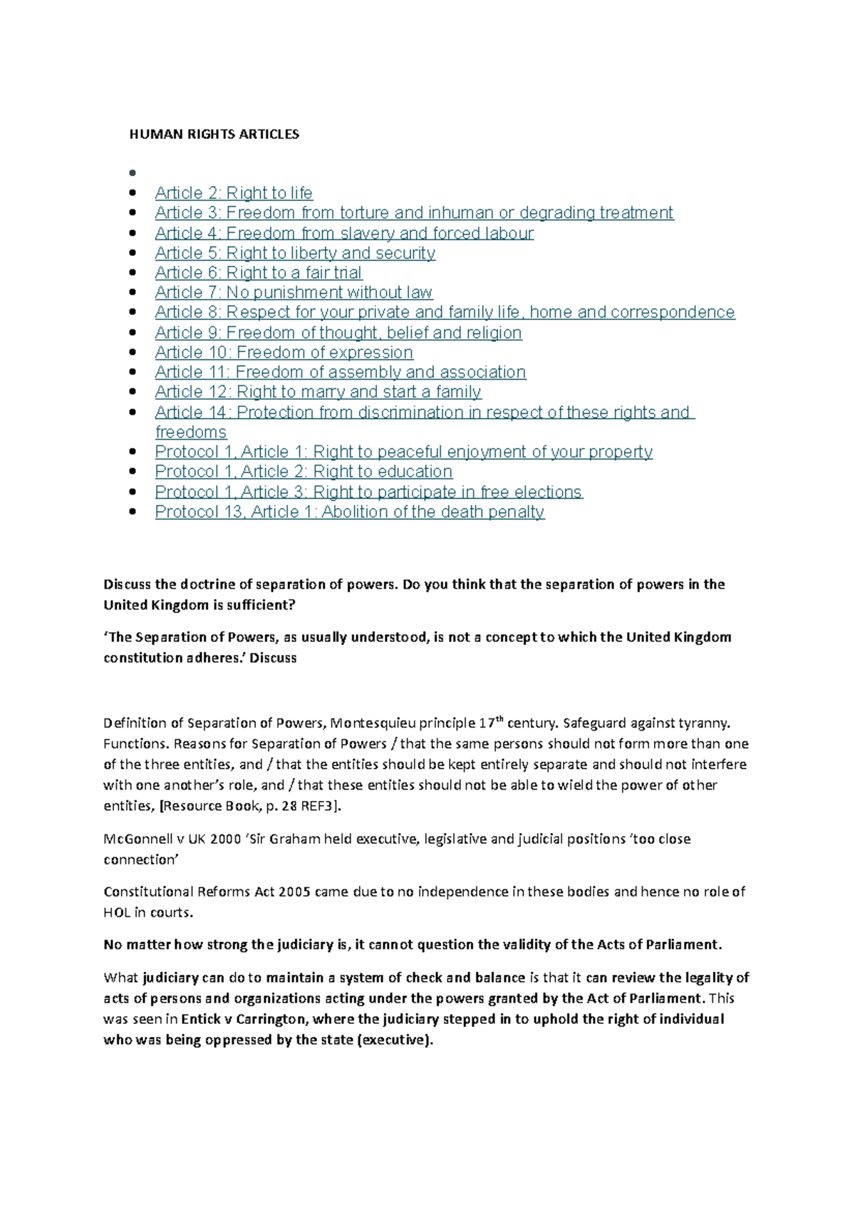 Summaries PUB LAW - HUMAN RIGHTS ARTICLES Article 2: Right to life ...