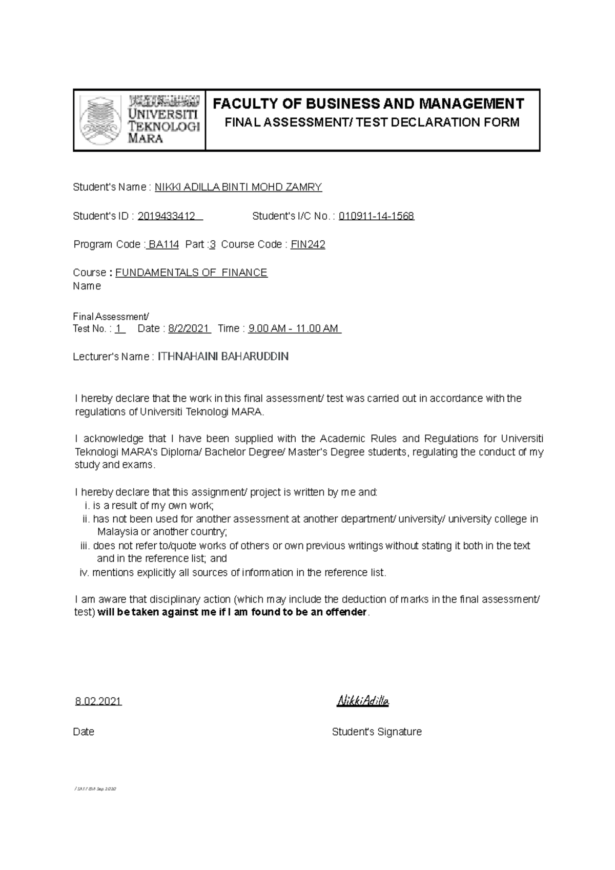 [Template] Final Assessment Test Declaration Form - Final (1) - FACULTY ...