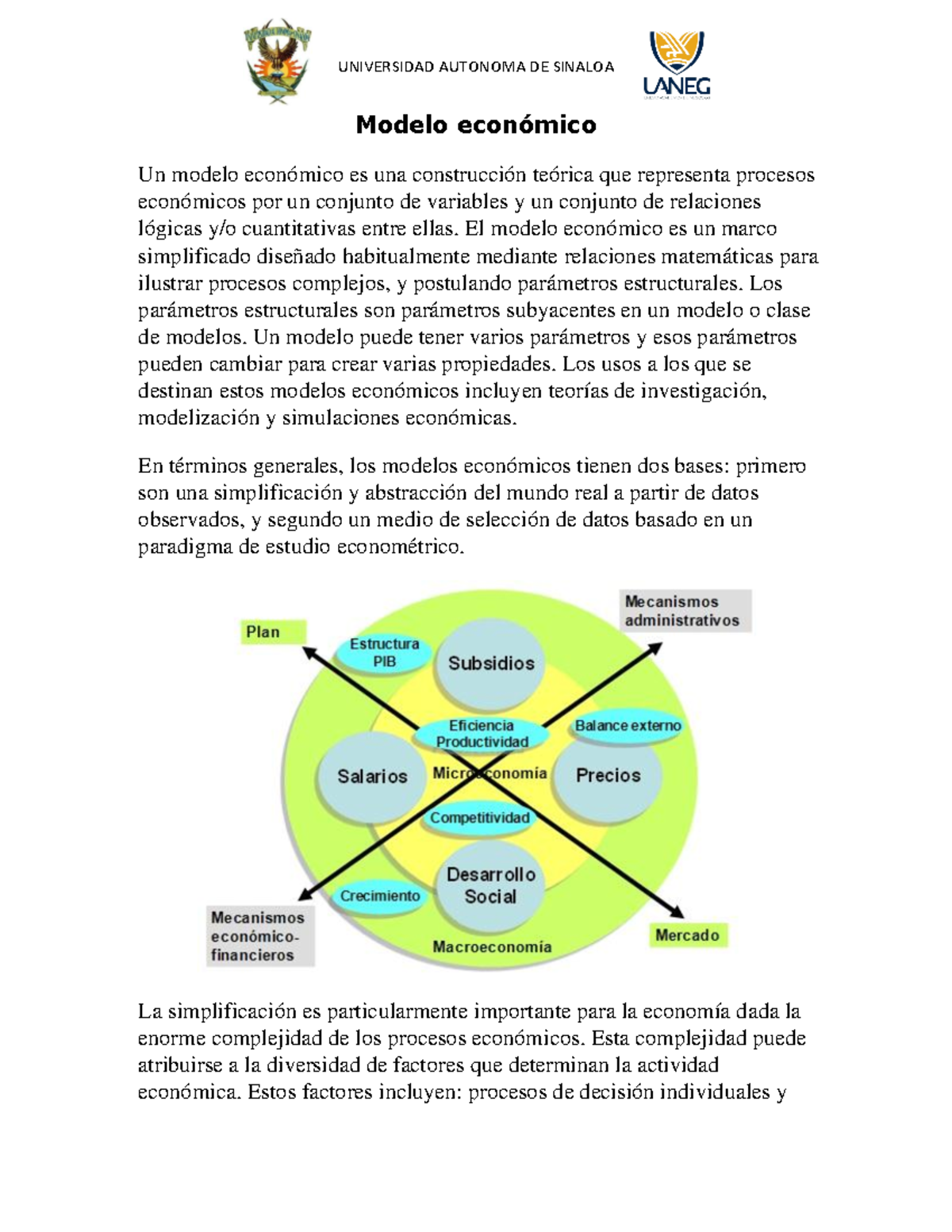 Modelo económico resumen - UNIVERSIDAD AUTONOMA DE SINALOA Modelo Un ...