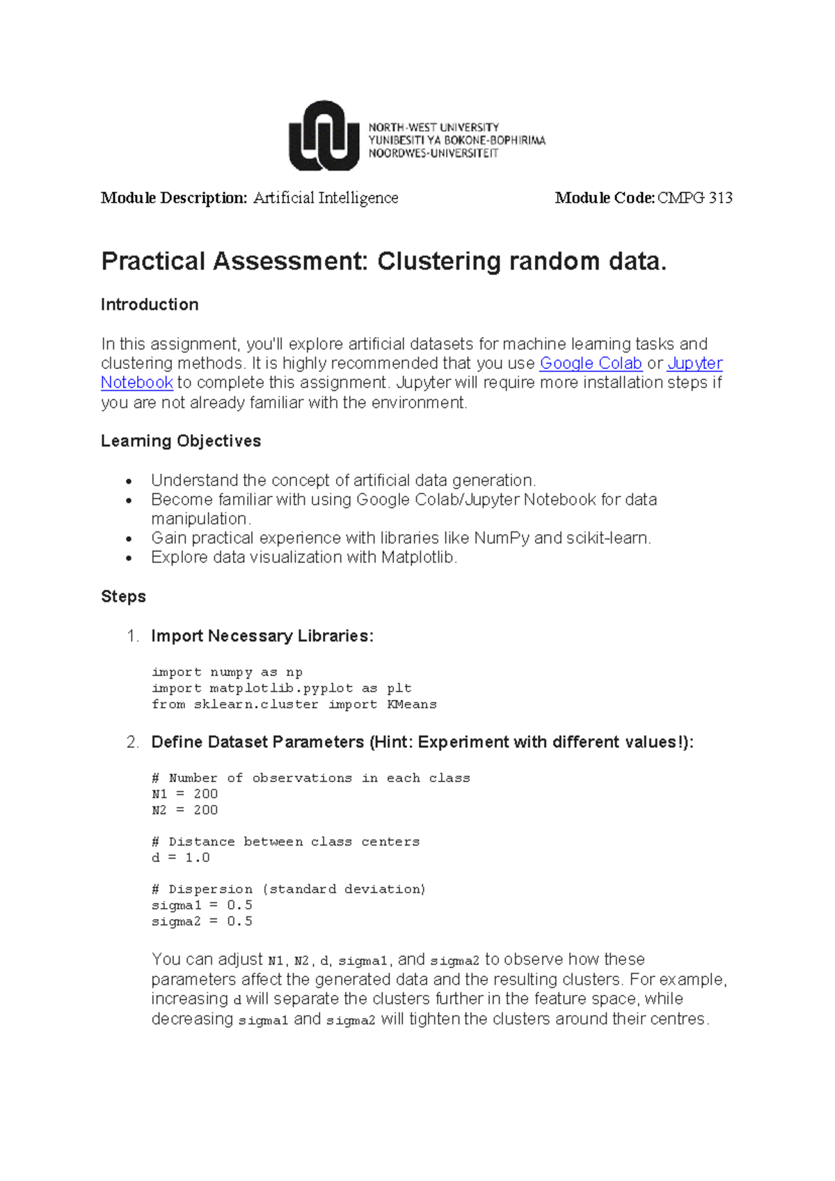 3rd Practical Assignment Clustering Module Description Artificial Intelligence Module Code