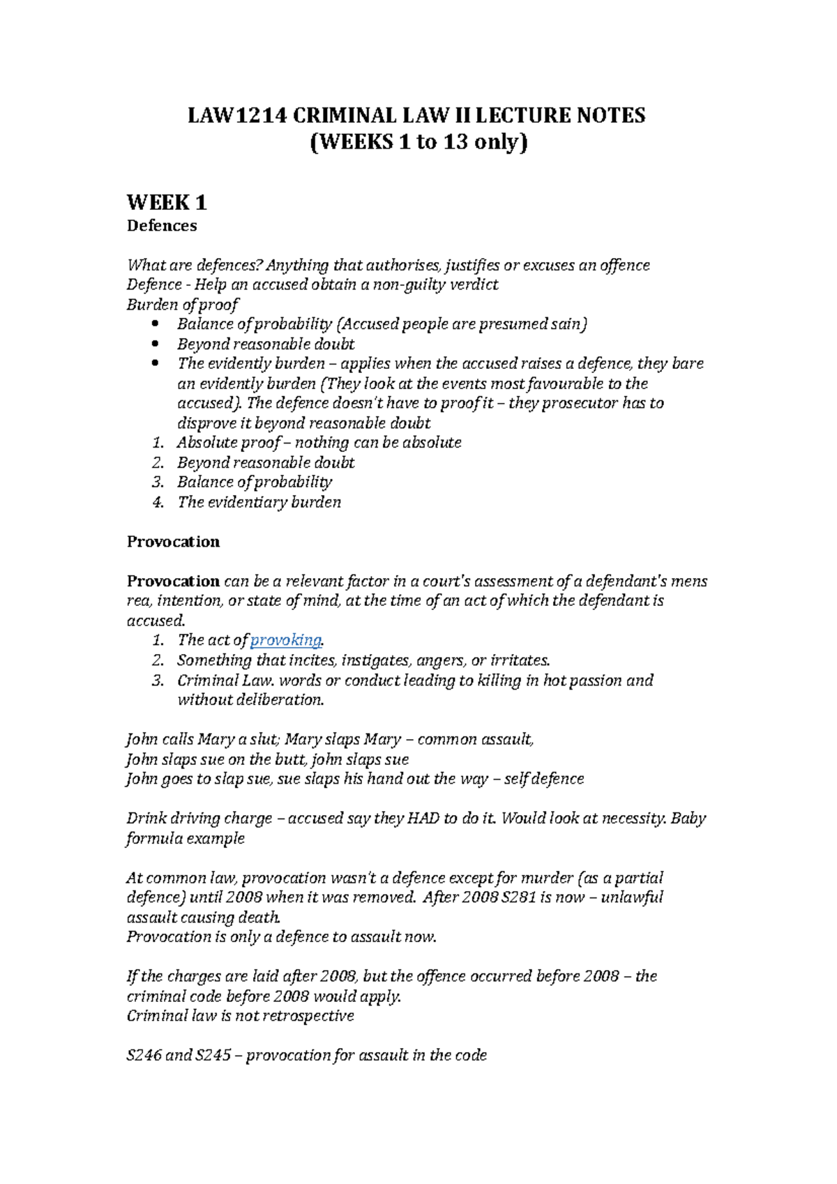 LAW1214 Criminal LAW II Lecture Notes (Weeks 1 to 13) - LAW1214 ...