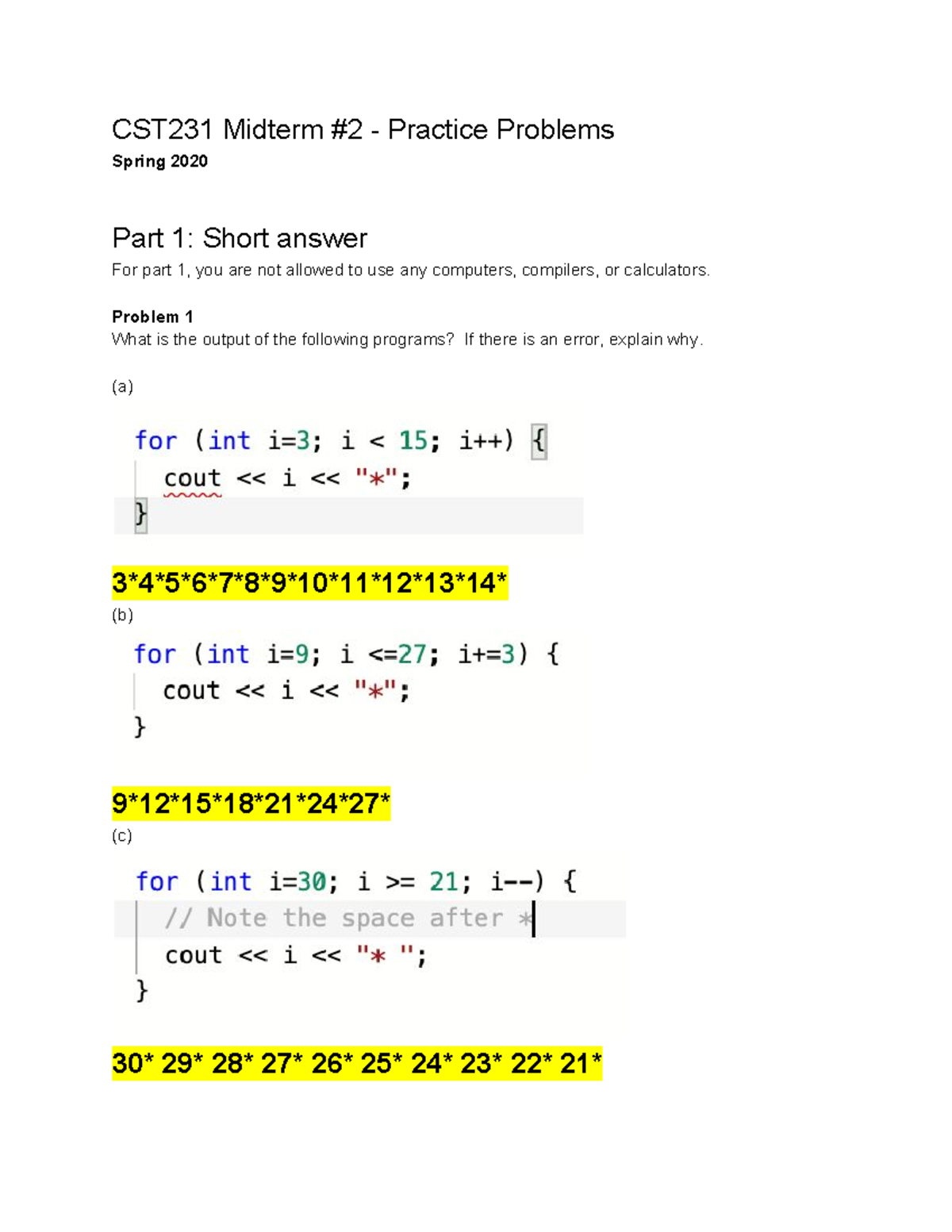 Answer sheet Mid Term #2 Practice Problems Spring 2020 - CST231 Midterm ...