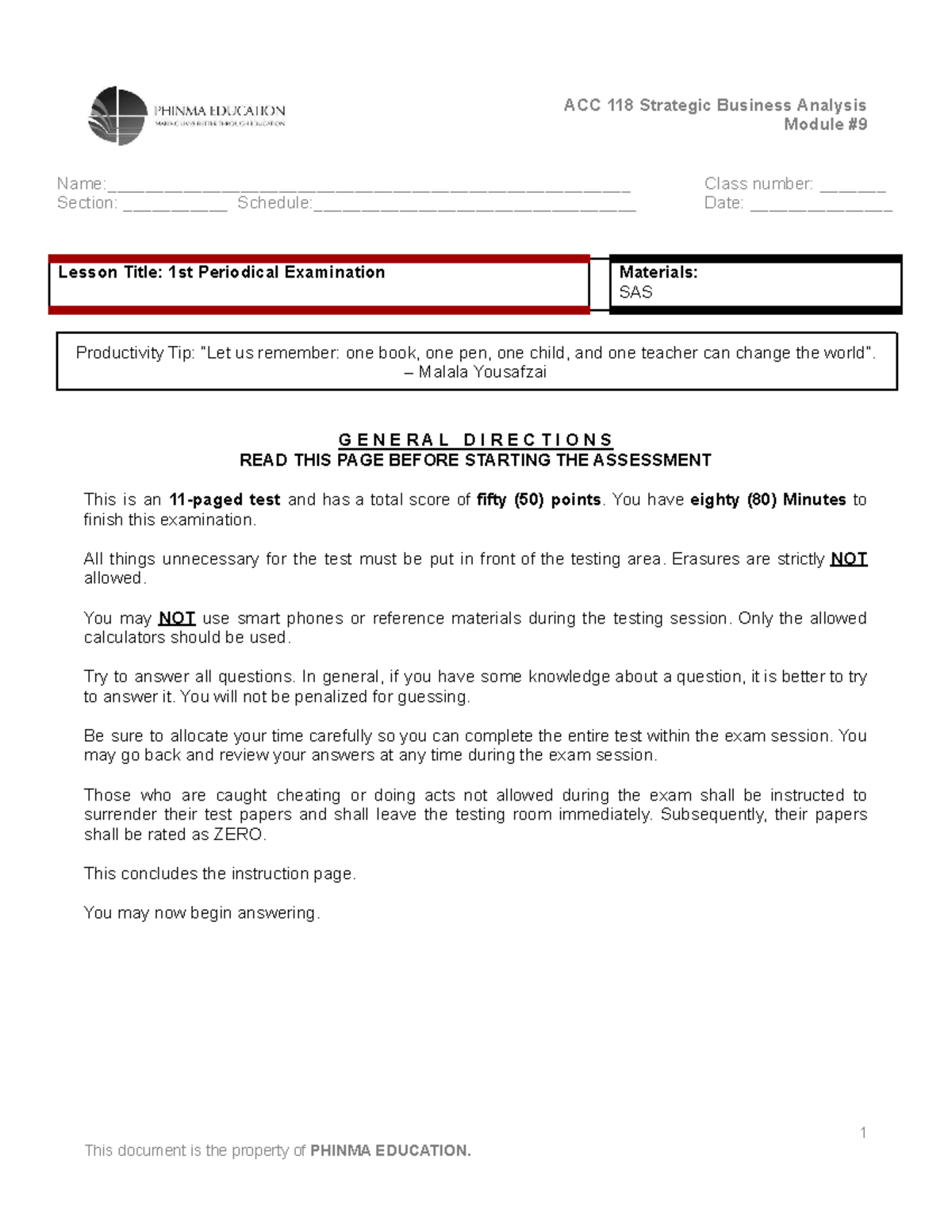 SAS9 ACC118 P1 EXAM - Financial Budget - Module # - Studocu