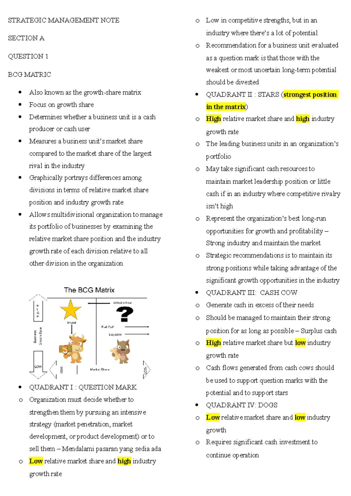 Strategic Management NOTE - STRATEGIC MANAGEMENT NOTE o Low in ...