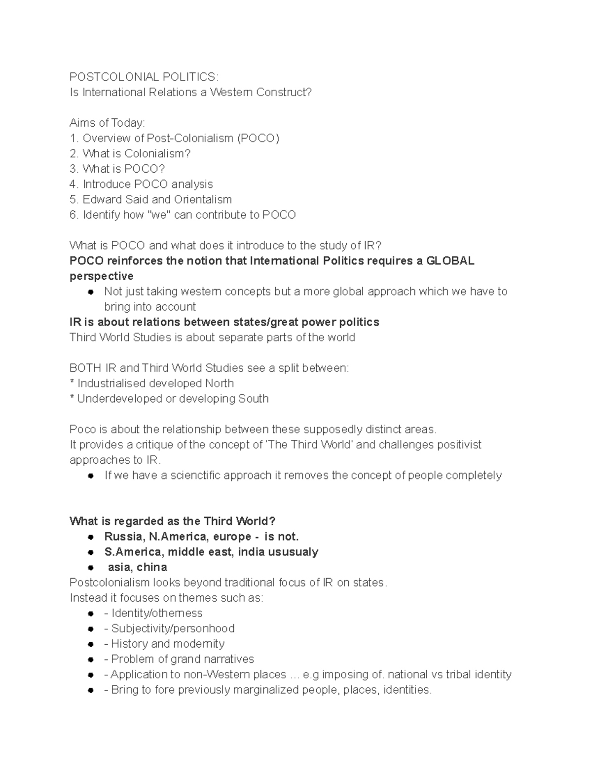 Postcolonialism summary lecture notes - POSTCOLONIAL POLITICS: Is ...