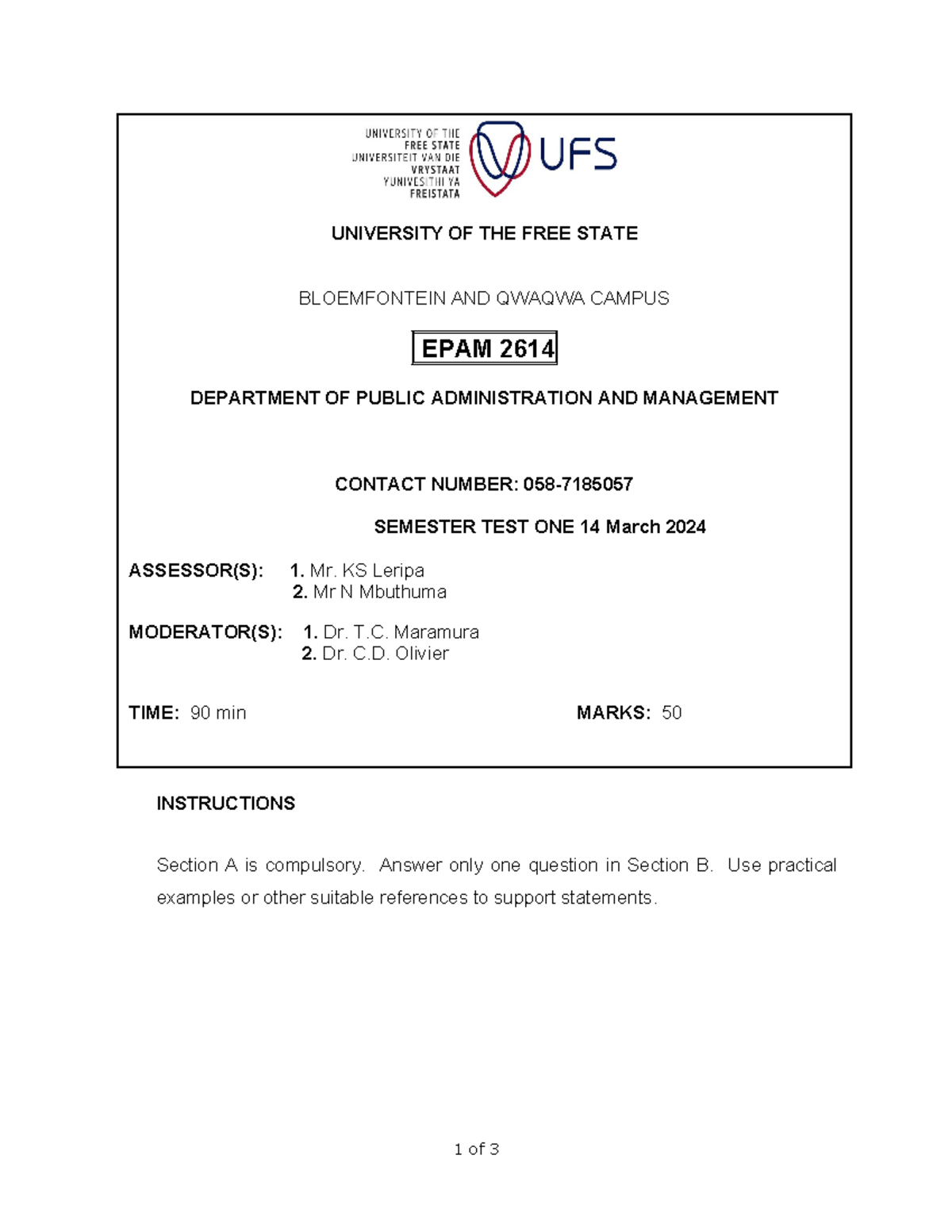 EPAM 2614 TEST 1 - test - INSTRUCTIONS Section A is compulsory. Answer ...