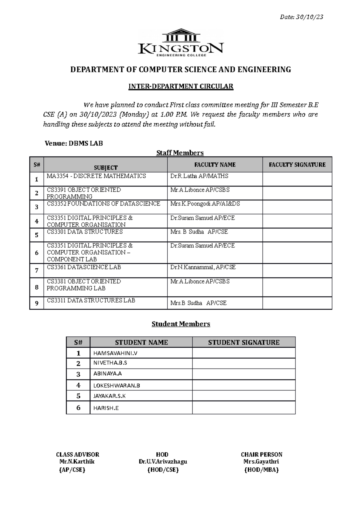 Class Commitee-1 II CSE B - Date: 30/10/ DEPARTMENT OF COMPUTER SCIENCE AND ENGINEERING - Studocu
