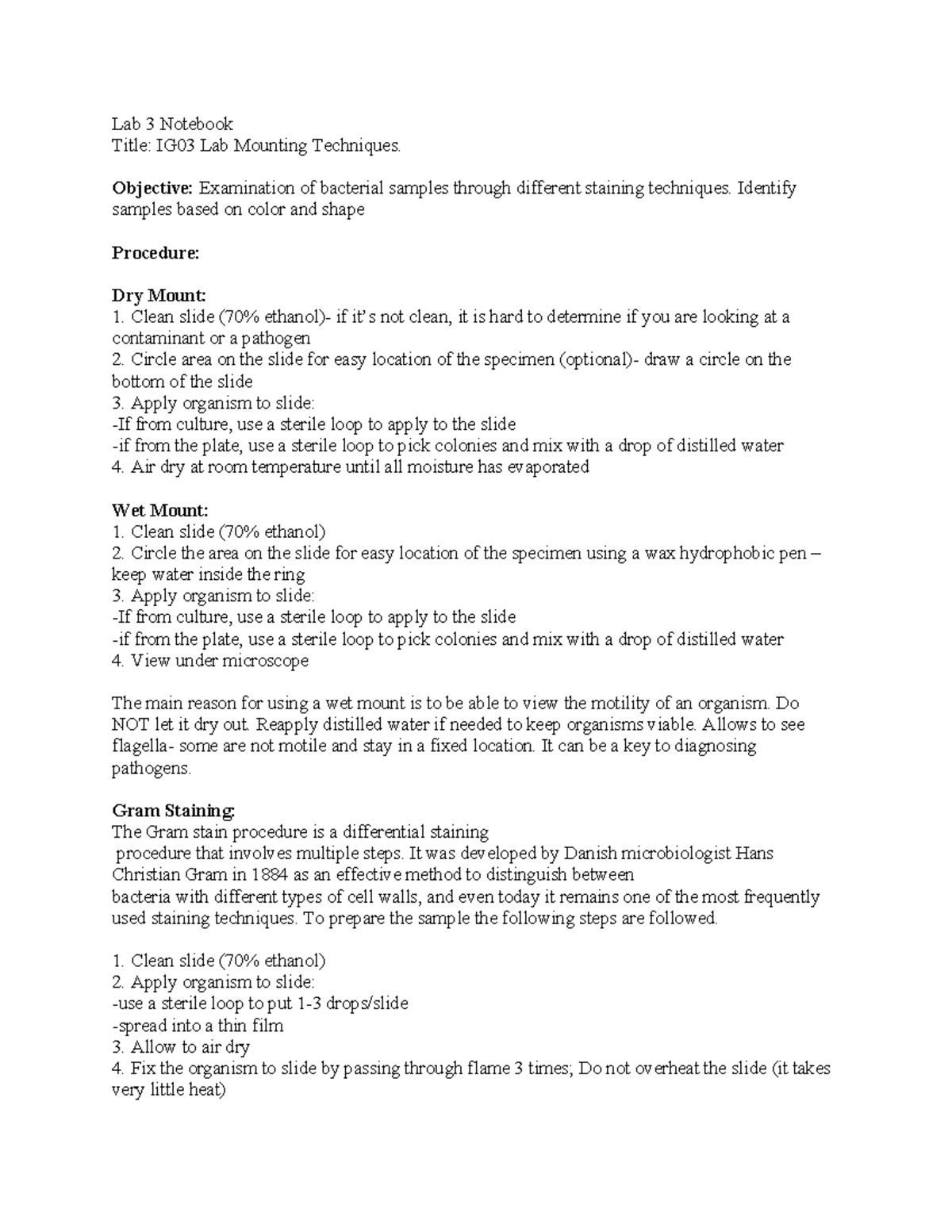 Microbiology Lab notebook #3 - Lab 3 Notebook Title: IG03 Lab Mounting ...