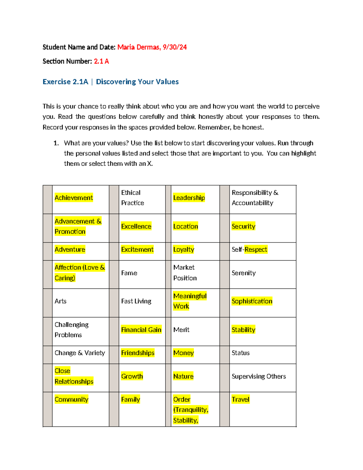 Exercise 2.1 A-D Values, Interests, Personality and Skills FA241 - Student Name and Date: Maria ...