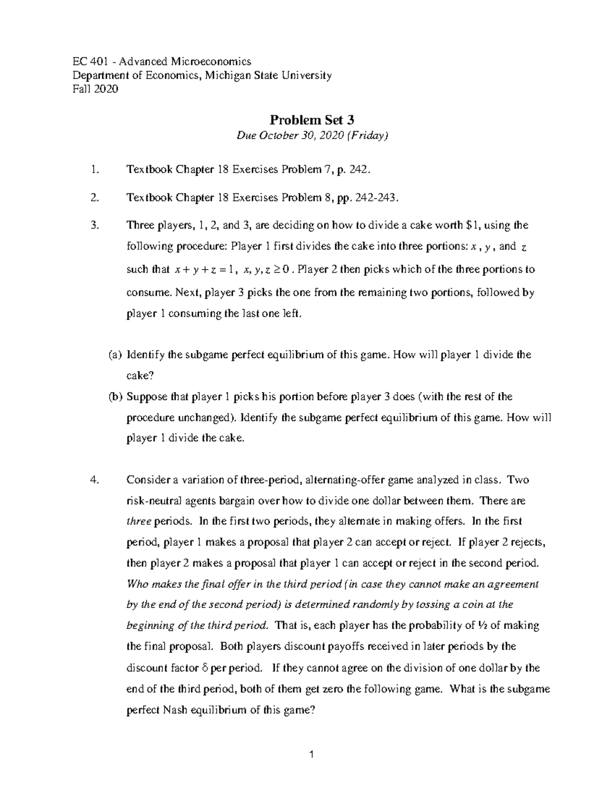 Problem Set 3-EC 401-Fall 2020 - 1 EC 401 - Advanced Microeconomics ...