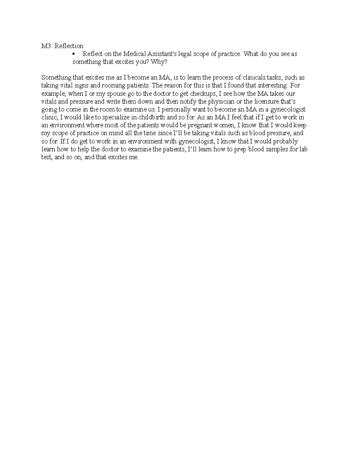 Intro to health 2 - M3: Reflection Reflect on the Medical Assistant's ...