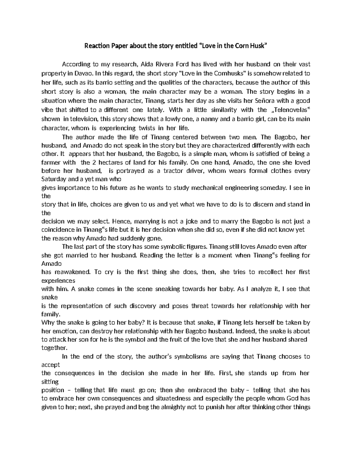 Reaction Paper - essay - Reaction Paper about the story entitled “Love ...