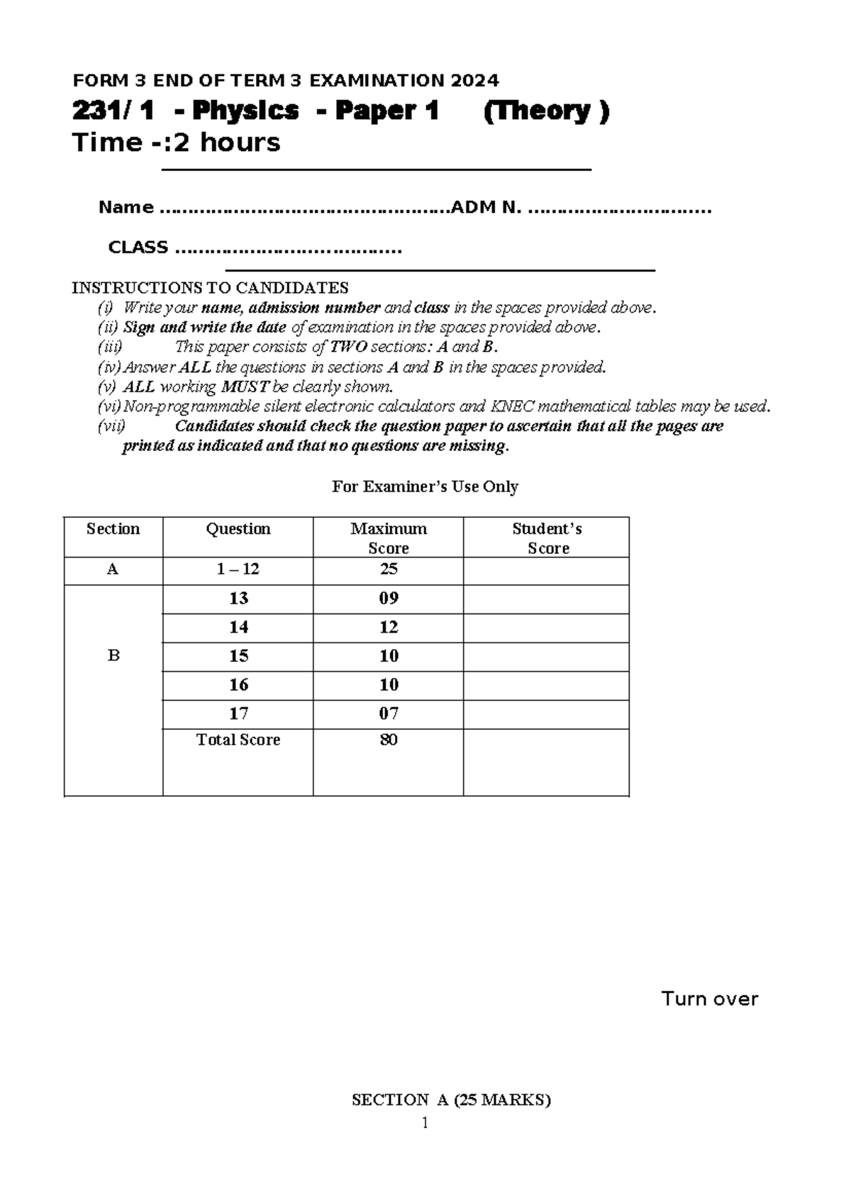 F3 PHY PP1 QNS - paper two - FORM 3 END OF TERM 3 EXAMINATION 2024 231/ ...