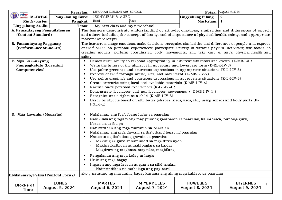 LE Kindergarten 4 Q1 Week2 V - 1 MaTaTaG Kindergarten Lingguhang Aralin ...