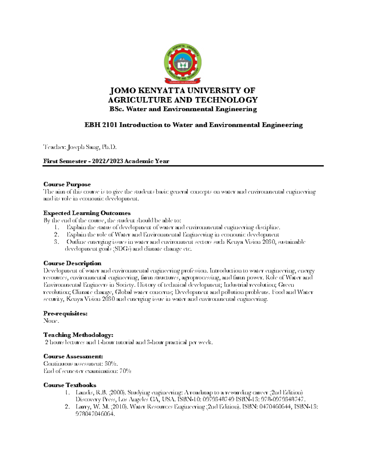 EBH 2101 Introduction to Water and Environmental Engineering outline ...