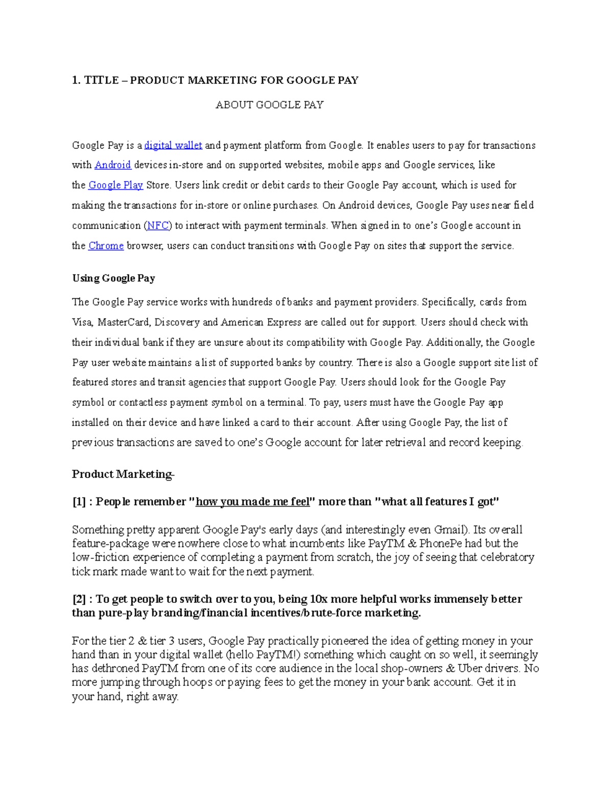 Google Pay - research - 1. TITLE – PRODUCT MARKETING FOR GOOGLE PAY ...