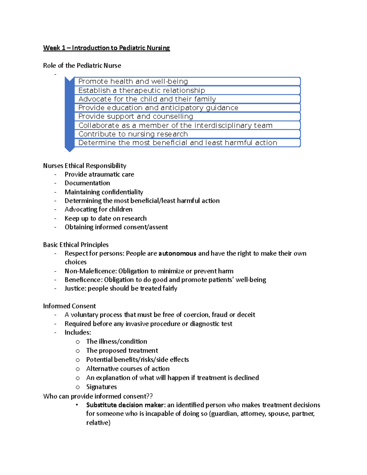 PEDs Notes - Week 1 – Introduction to Pediatric Nursing Role of the ...