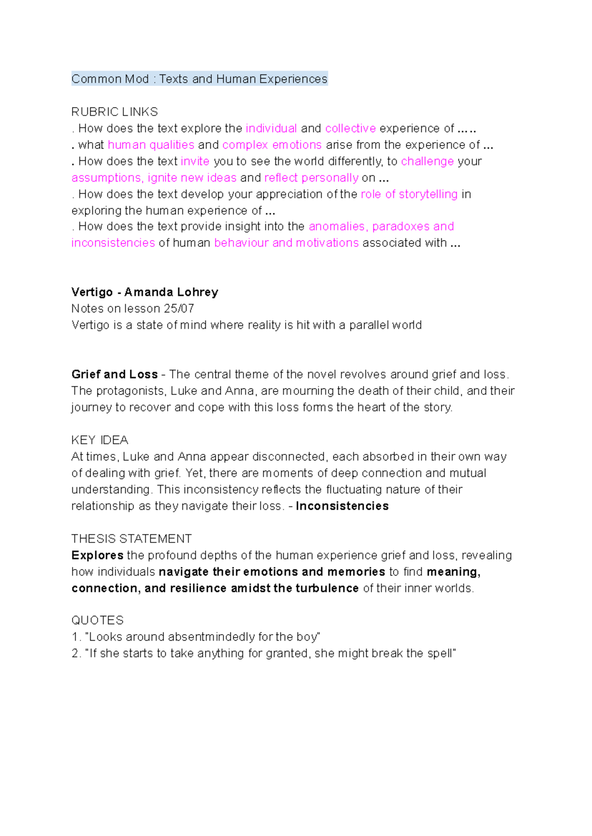 English Notes - Common Mod : Texts and Human Experiences RUBRIC LINKS ...