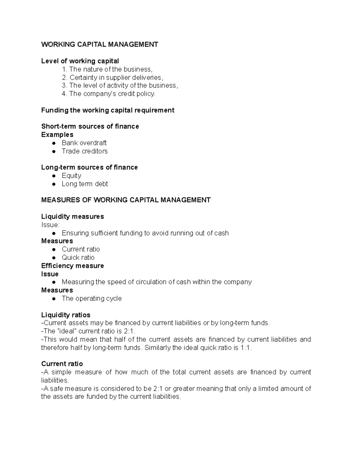 Working Capital Management- Notes - WORKING CAPITAL MANAGEMENT Level of ...