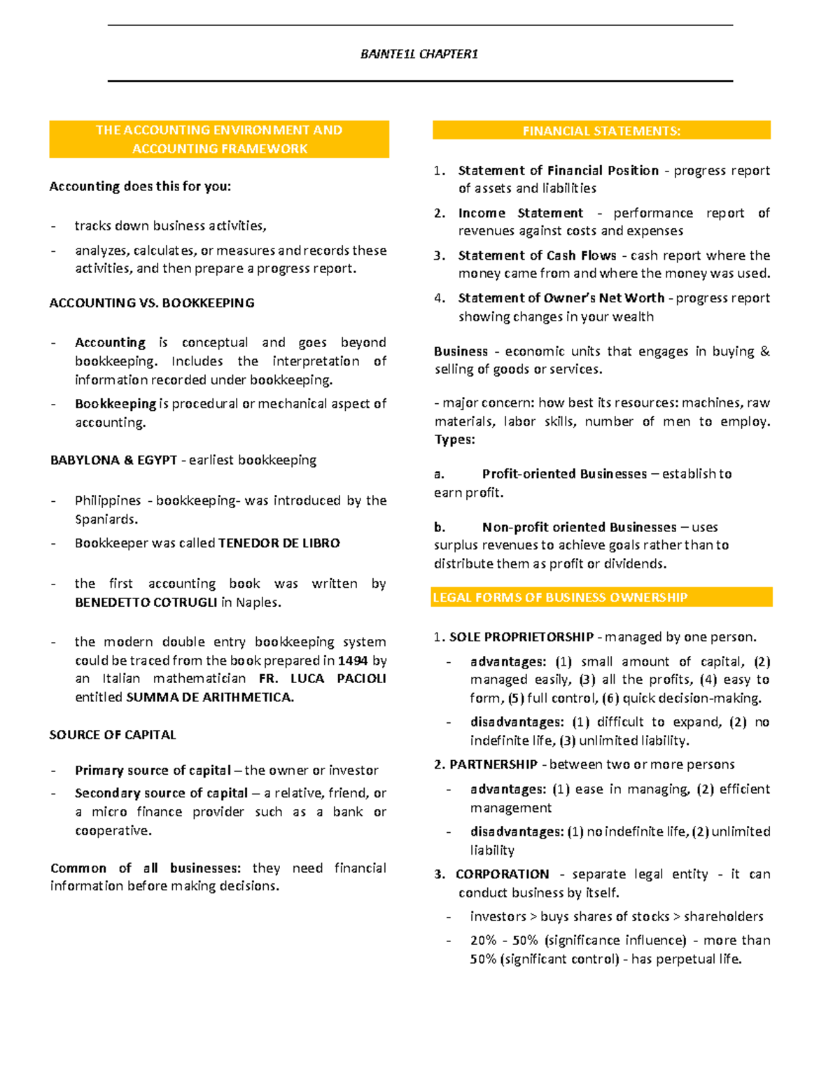 FAR - 1st Term (CH1-CH4) - BAINTE1L CHAPTER THE ACCOUNTING ENVIRONMENT AND ACCOUNTING FRAMEWORK ...