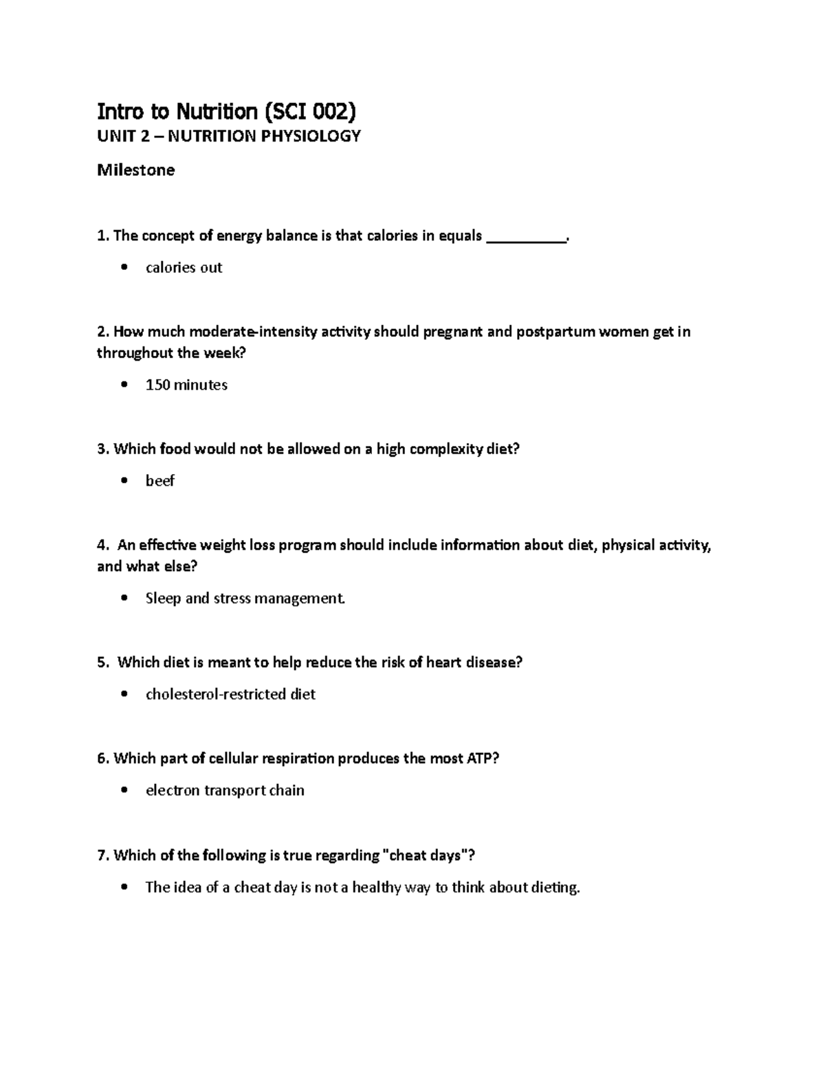 Intro to Nutri-SCI 002- Unit 2 Milestone - Intro to Nutrition (SCI 002 ) UNIT 2 – NUTRITION ...
