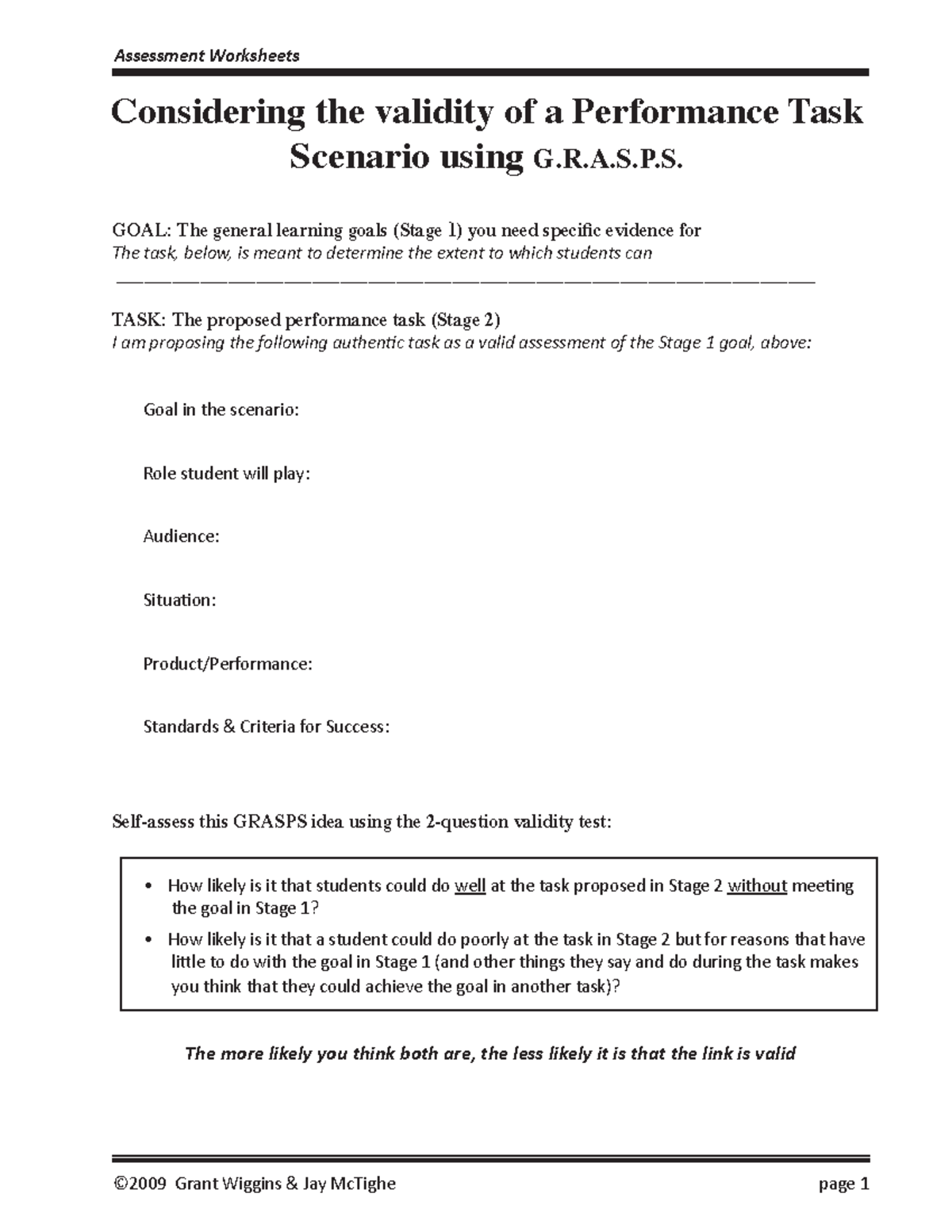 Performance Assessment - Grasps Sample - Considering the validity of a ...