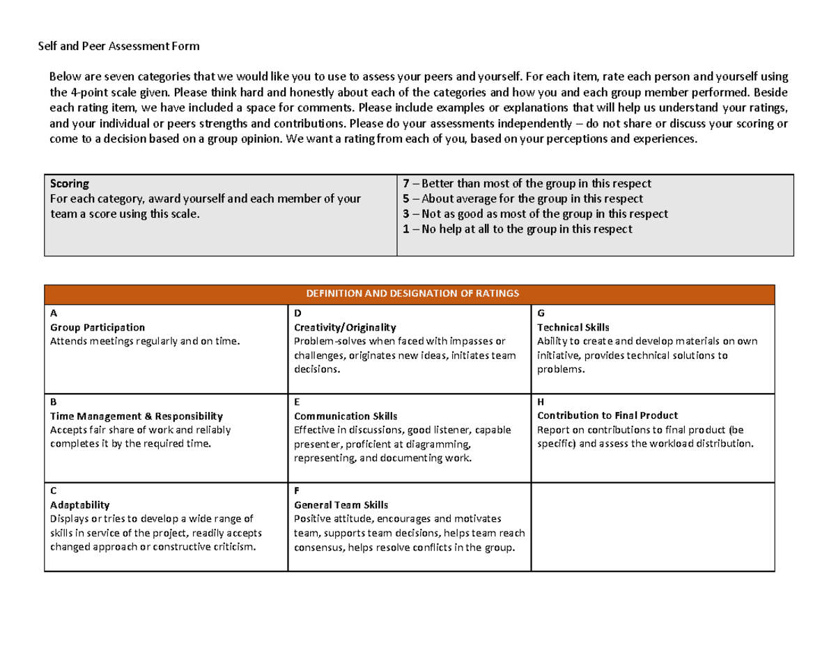 Self and Peer Assessment Form - For each item, rate each person and ...