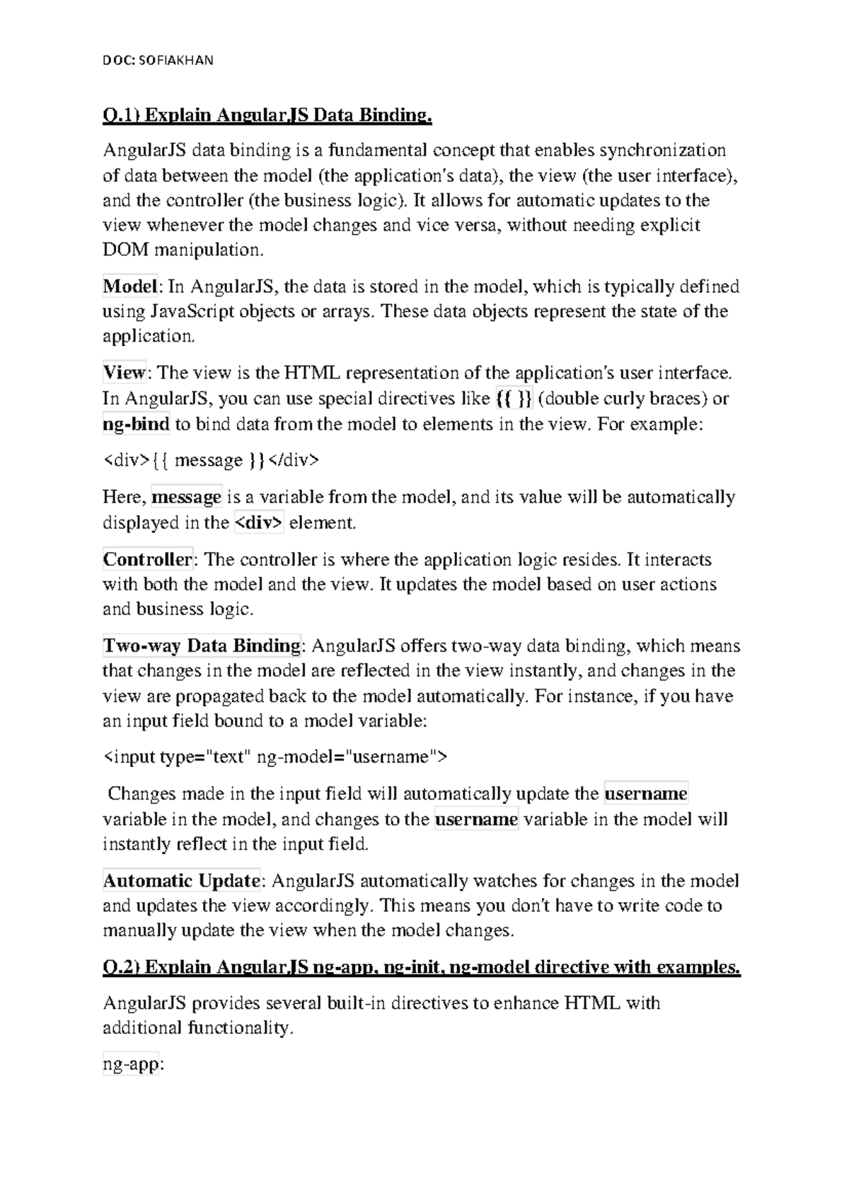 WEB Assing 2 - Q) Explain AngularJS Data Binding. AngularJS data binding is a fundamental ...