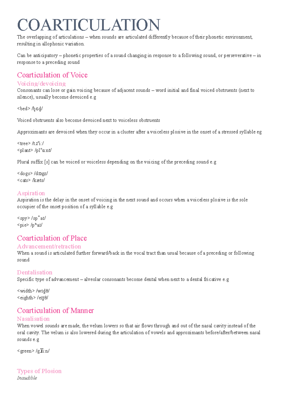 8 Coarticulation - Lecture notes 8 - COARTICULATION The overlapping of ...