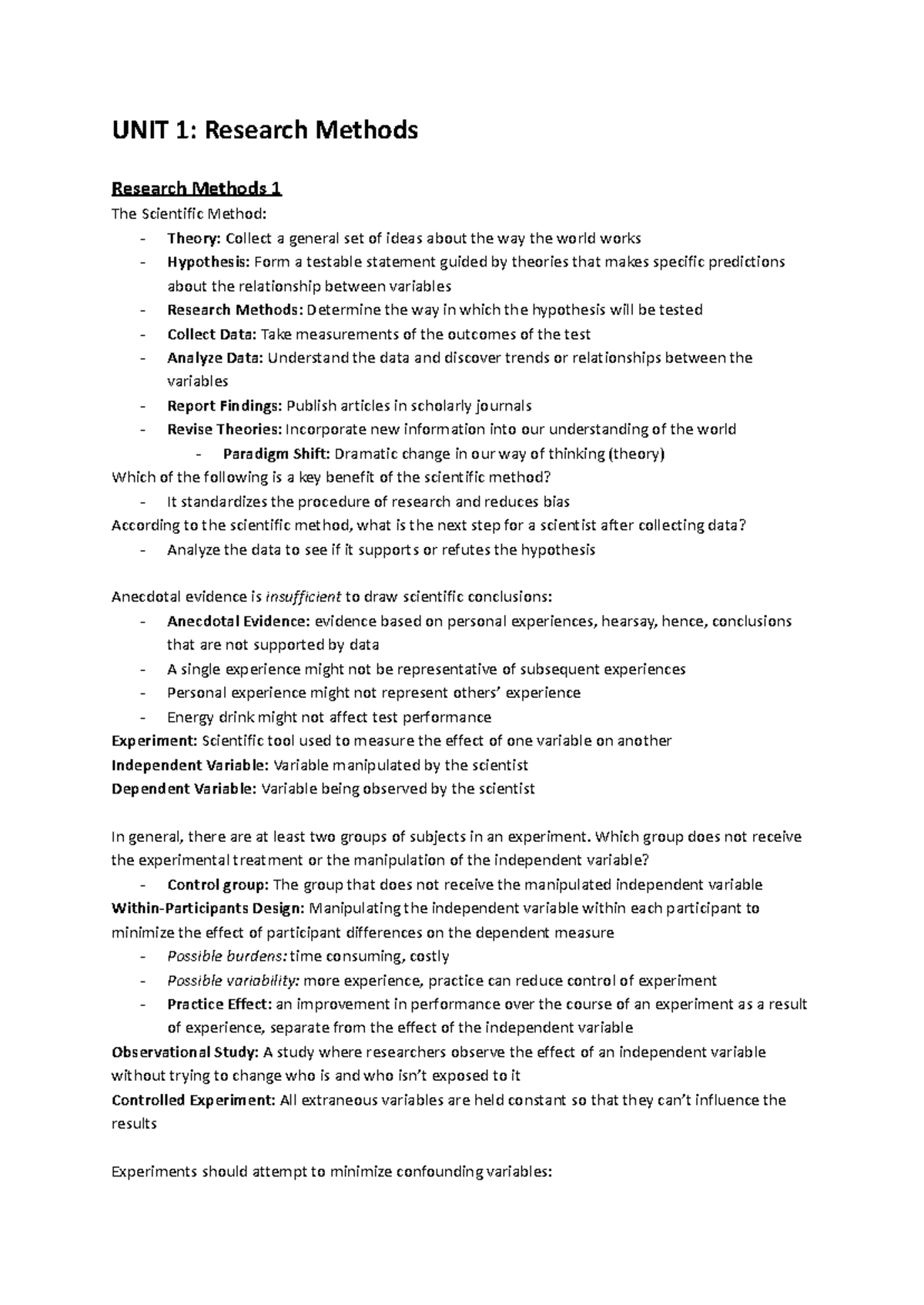 PSYCH 1X03 Final Exam Review - UNIT 1: Research Methods Research ...