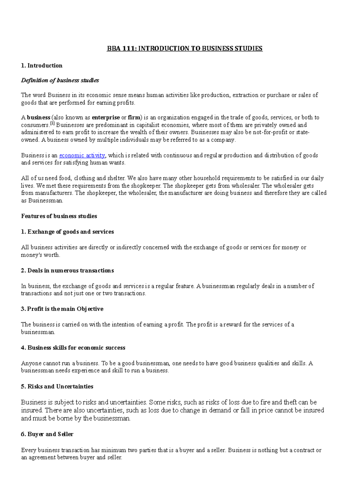 BBA 111 Notes - BBA 111: INTRODUCTION TO BUSINESS STUDIES Introduction ...