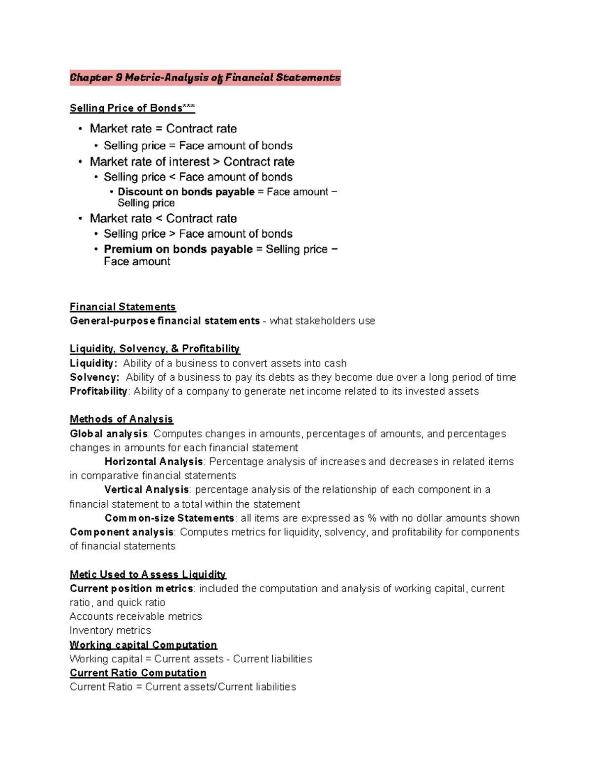 Chapter 9 BA220 class notes - Chapter 9 Metric-Analysis of Financial ...