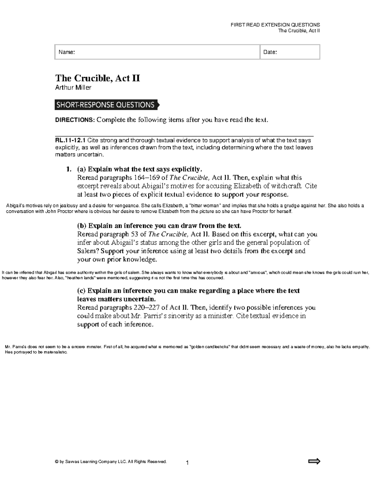 The Crucible, Act II First Read Extension Questions (PDF) - FIRST READ ...