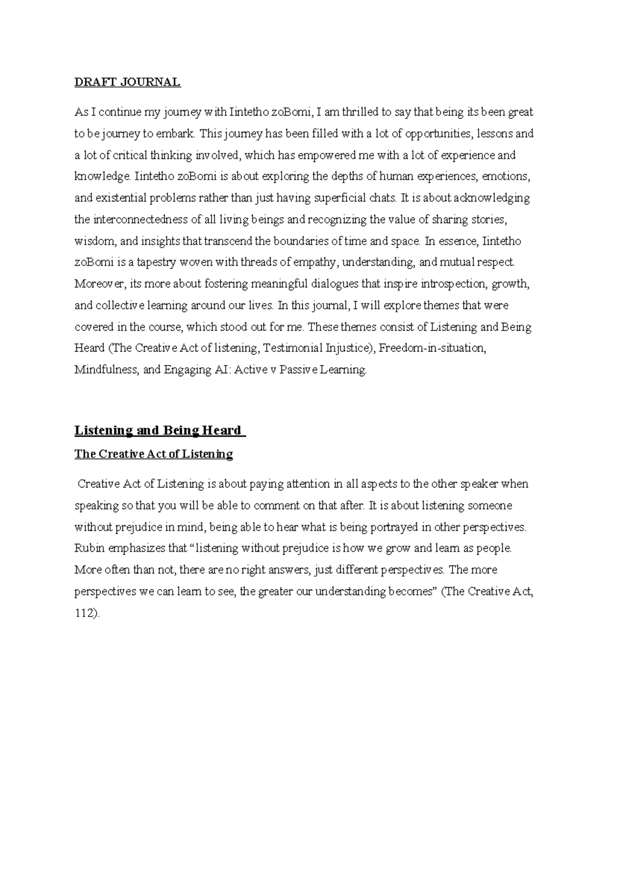 Draft Journal - Its about reflecting on the course work - DRAFT JOURNAL ...