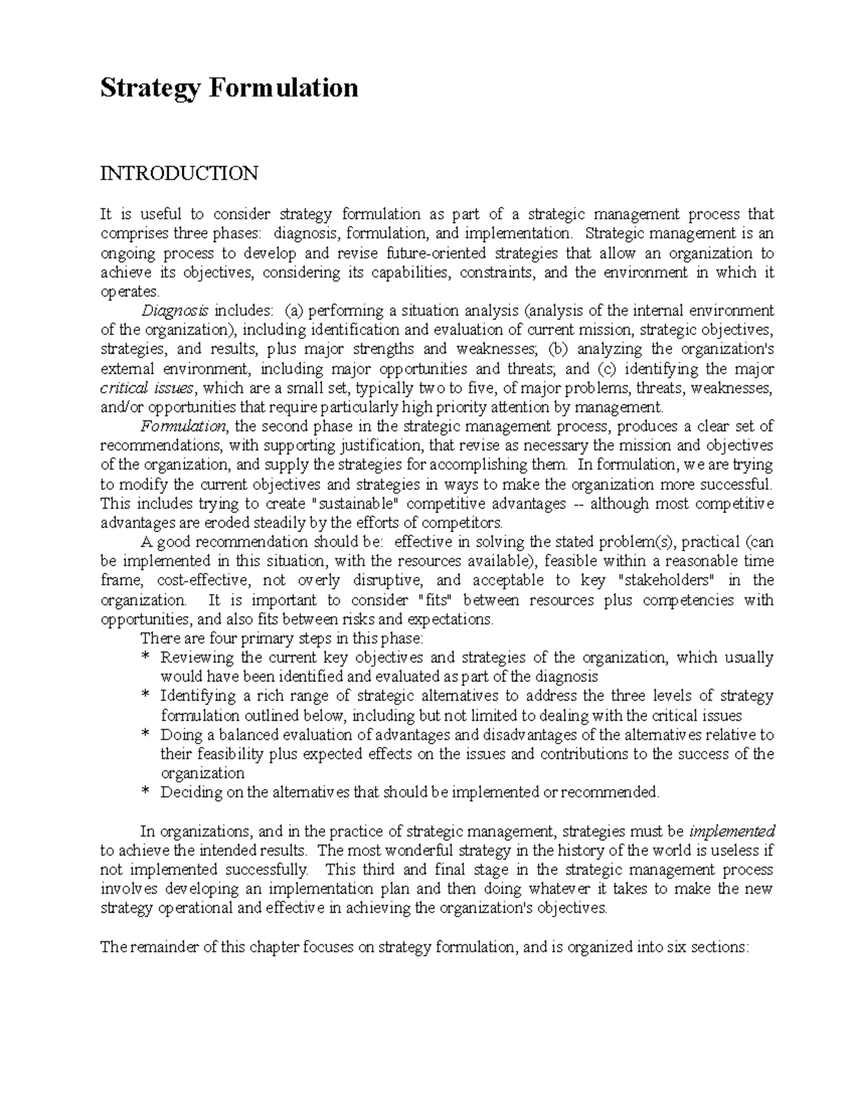 Formulation of strategies - Strategy Formulation INTRODUCTION It is ...