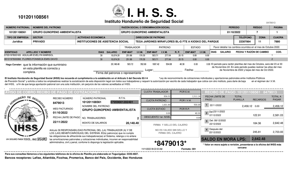3424 1012011 08561 8479013 - I. H. S. S. Instituto Hondureño de Seguridad Social NÚMERO PATRONAL ...