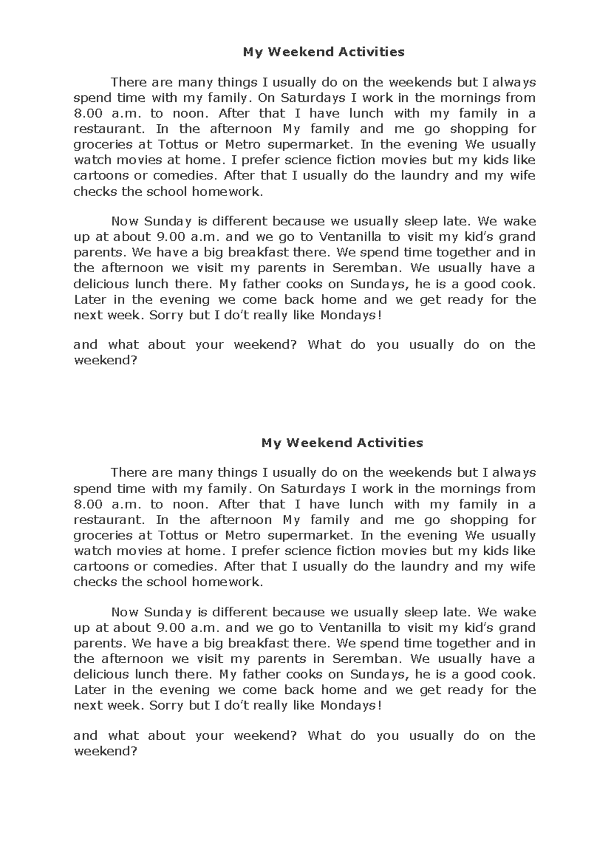 My Weekend Activities - worksheet - My Weekend Activities There are ...